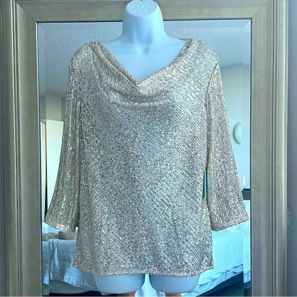 CeCe | Tops | Cecesequincowlneckblouseivosilvercolorsizem | Poshmark
